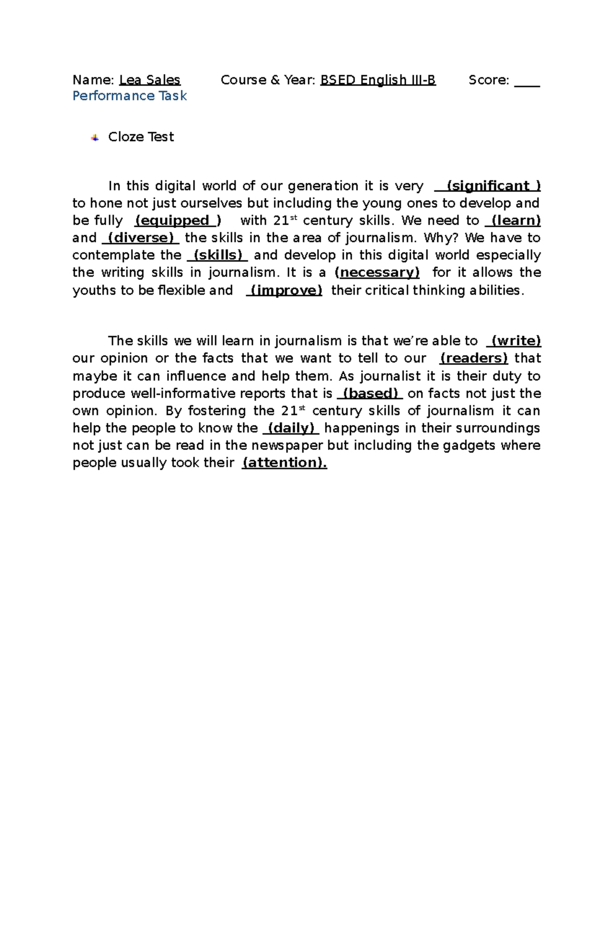 Cloze TEST - A test for Grade 10 pupils, it can be used as a practice ...