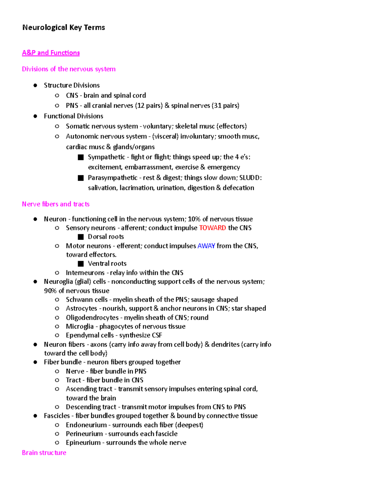 Neurological CE Key Terms - Neurological Key Terms A&P and Functions ...