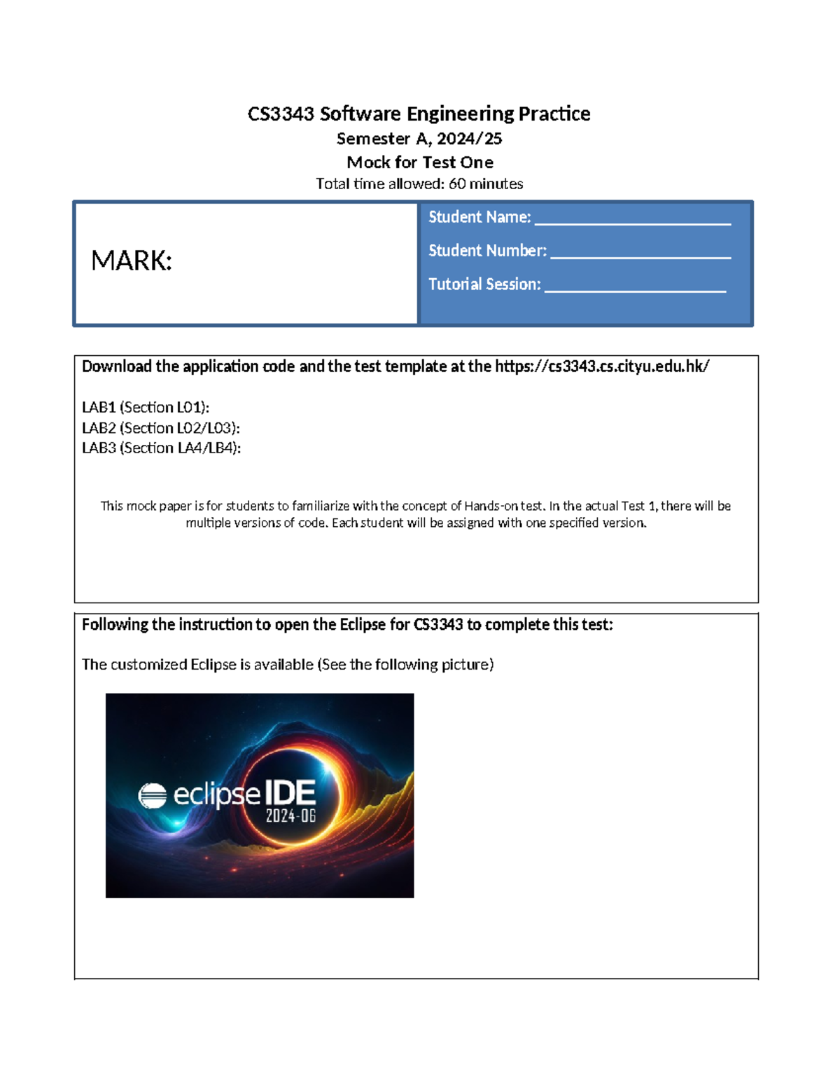 CS3343 Test One Mock Solution - Software Engineering Practice - CityU ...