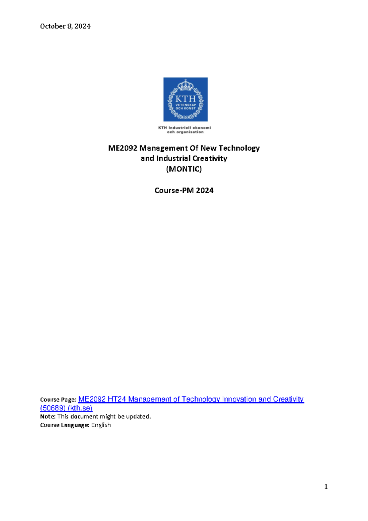 ME2092 Montic 2024 Course PM - ME2092 Management Of New Technology and ...