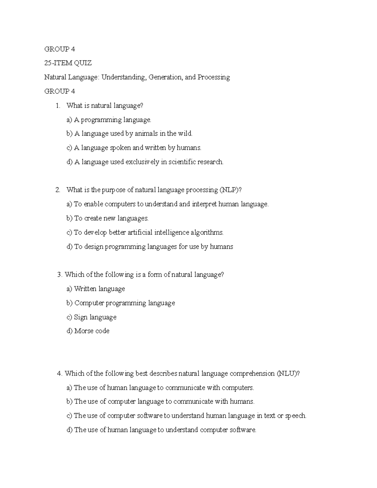 25 Items Quiz AI Group 4 - Ggv - GROUP 4 25-ITEM QUIZ Natural Language ...