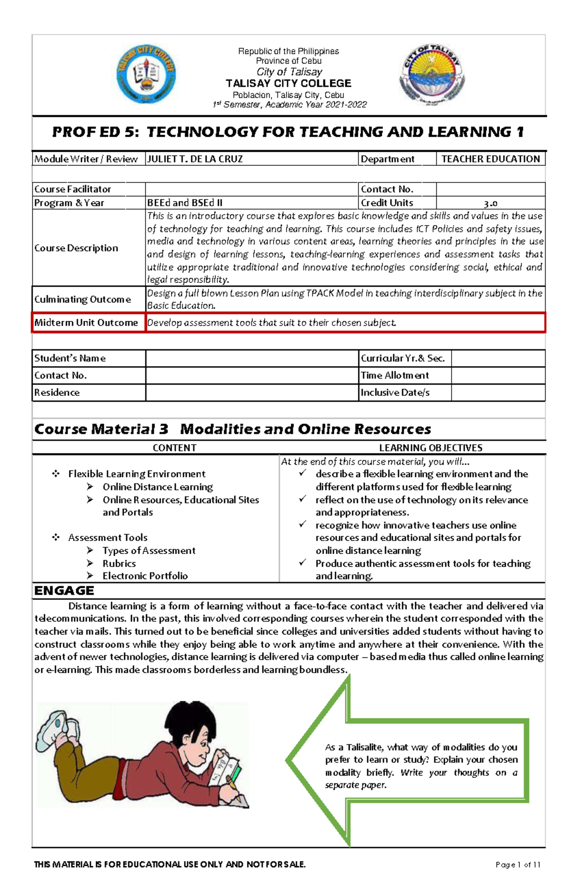 PROF ED 5 CM3 - COURSE MATERIAL - Republic of the Philippines Province ...