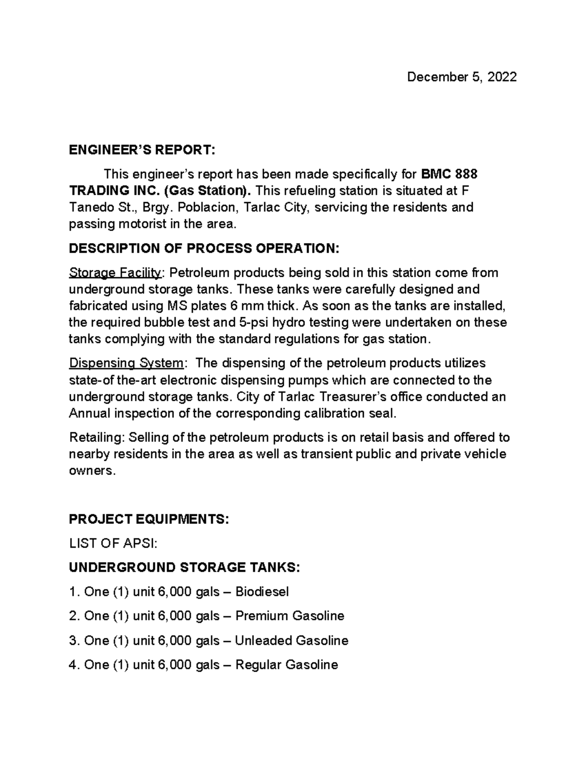 Engineer's Report - December 5, 2022 ENGINEER’S REPORT: This engineer’s ...