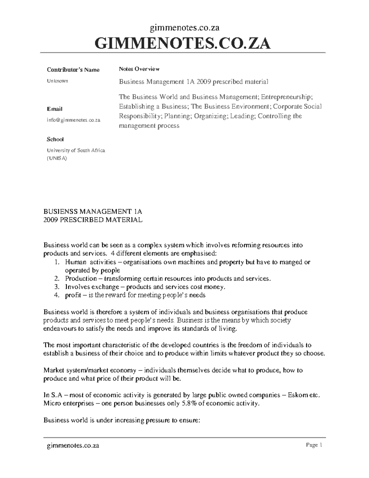 MNB1501 Business Management 1A - GIMMENOTES.CO Notes Overview Business ...