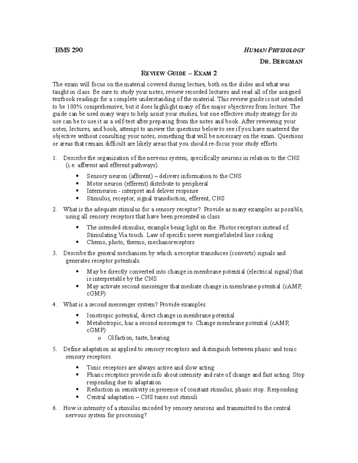 BMS 290 Exam 2 Review Guide-2 - `BMS 290 HUMAN PHYSIOLOGY DR. BERGMAN ...