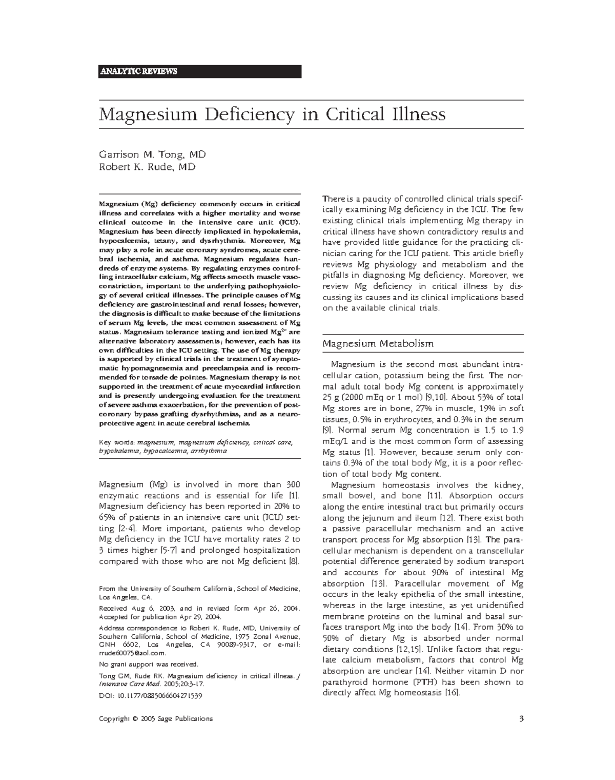 Magnesium Deficiency in Critical Illness - Copyright © 2005 Sage ...