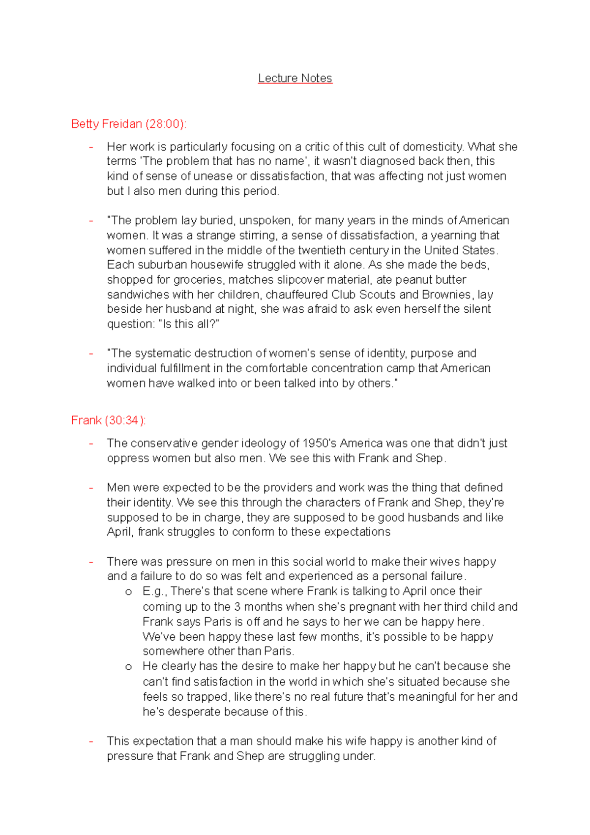 Assessment 3 - Essay - Lecture Notes Info - Lecture Notes Betty Freidan ...