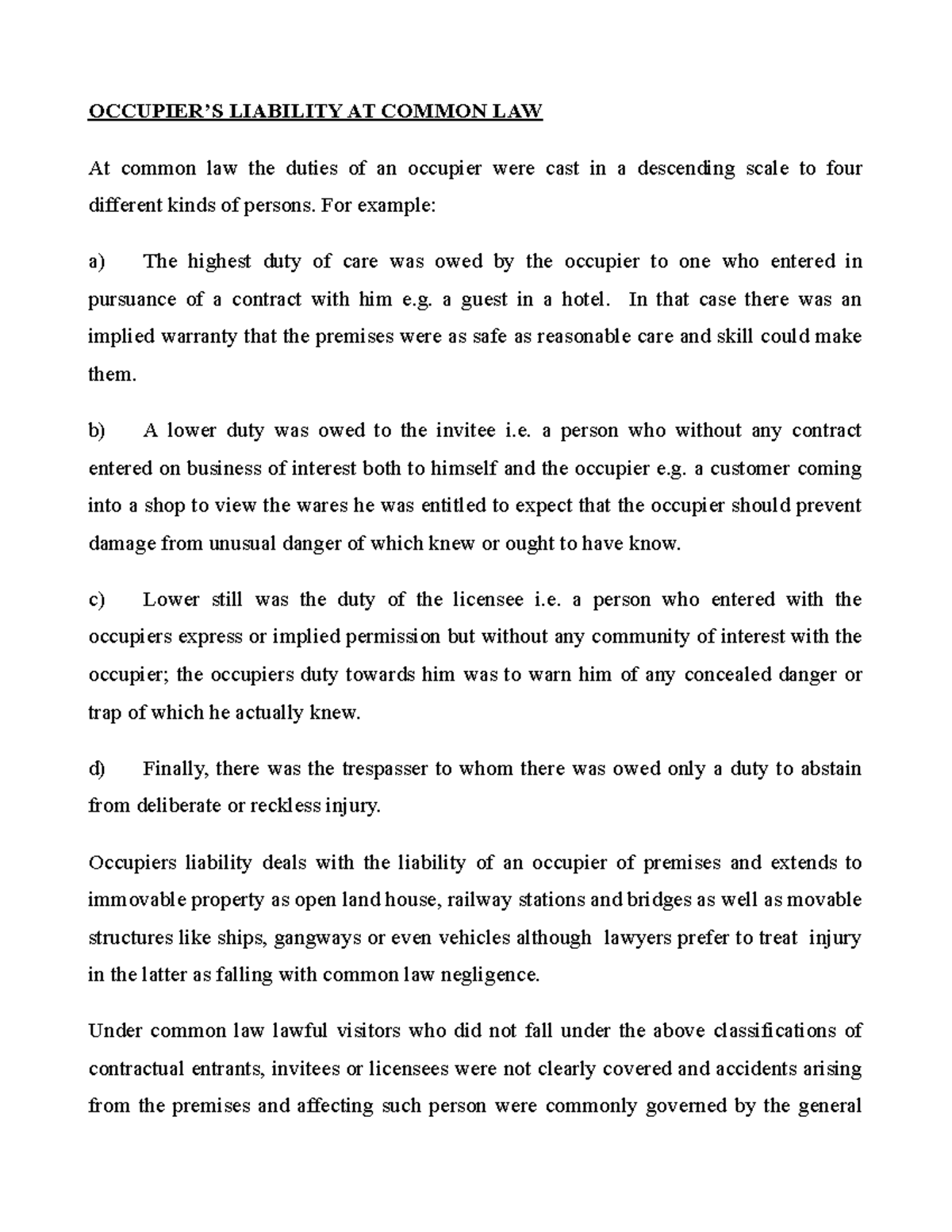 OLAA II - Occupiers liability - OCCUPIER’S LIABILITY AT COMMON LAW At ...