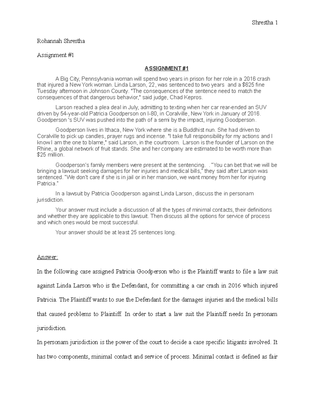 Law assigment 1 - These are assignments/ hw that professor gave which ...