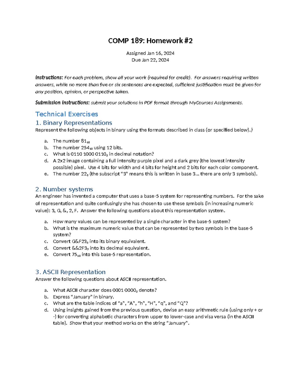 HW2 - HOMEWORK 2 - COMP 189: Homework Assigned Jan 16, 2024 Due Jan 22, 2024 Instructions: For ...