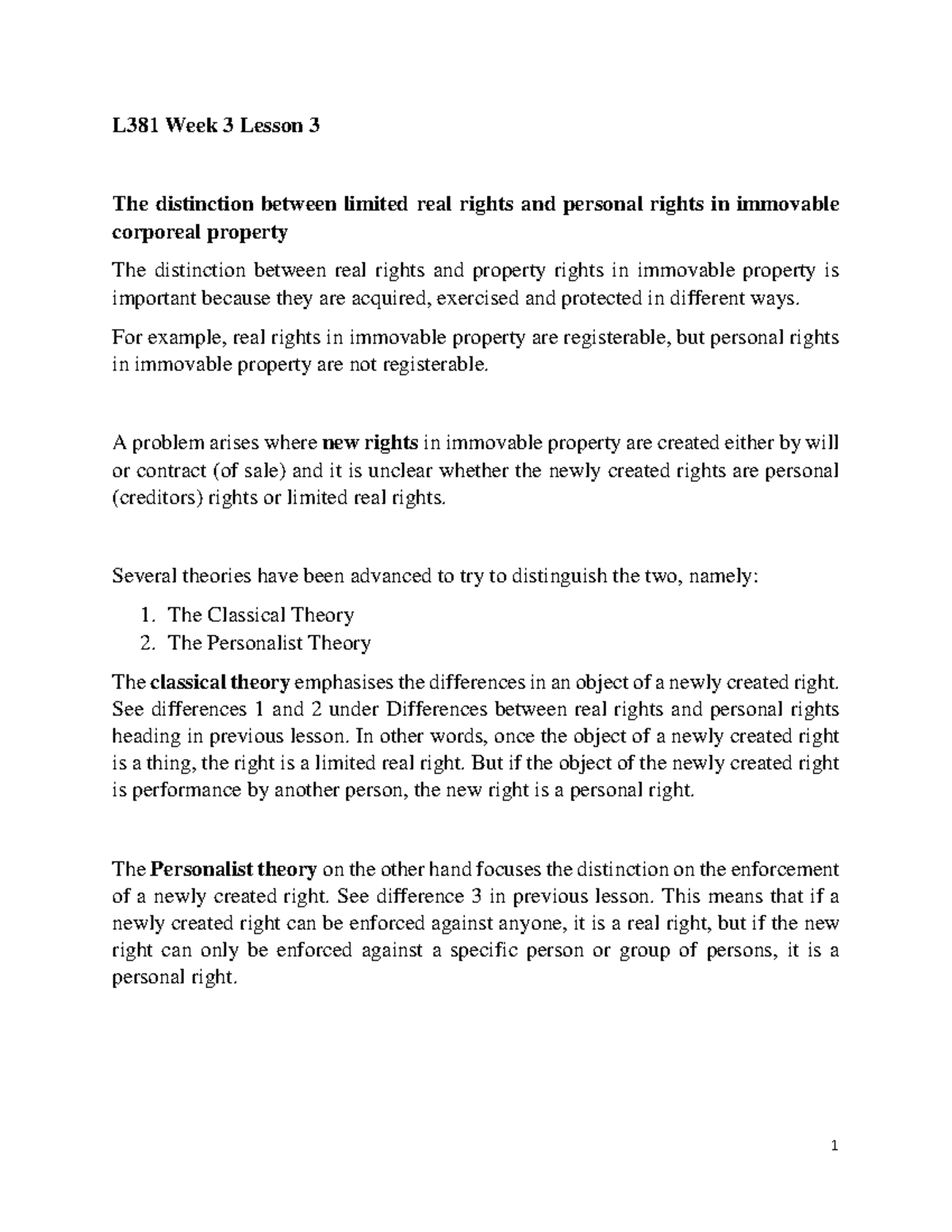 L3301 notes Week 3 Lesson 2 Newly created rights in immovable property ...