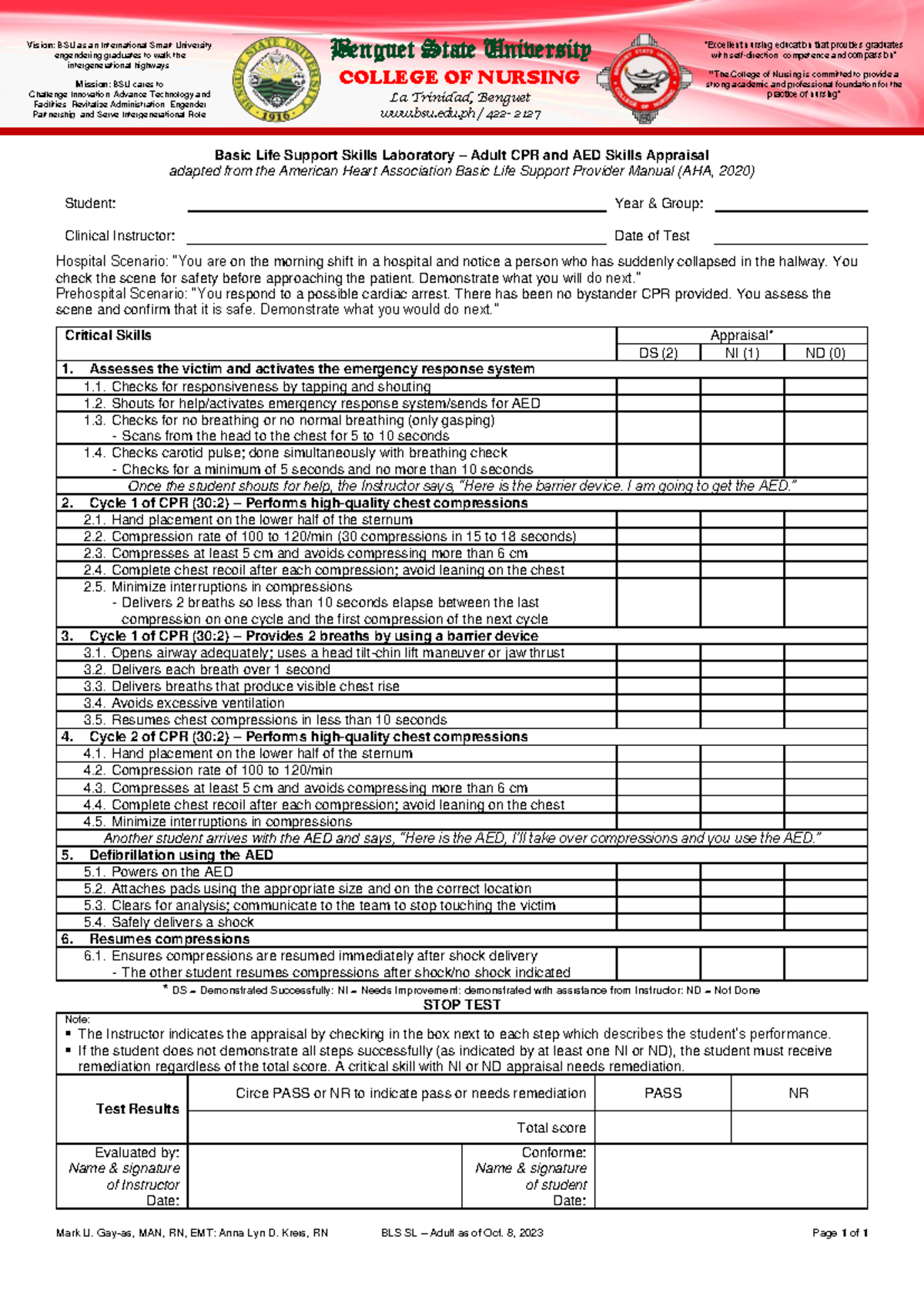 BLS SL Adult Skills Checklist - Vision: BSU as an International Smart ...