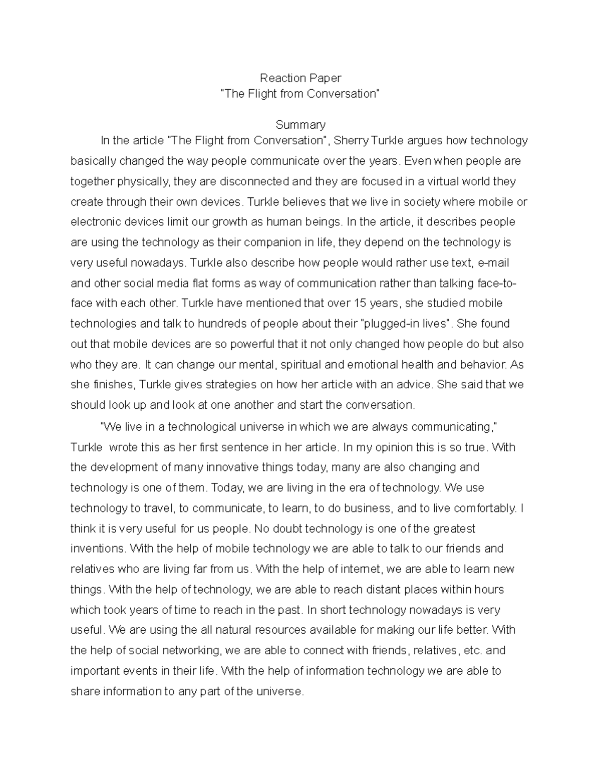 Reaction Paper - Reaction Paper “The Flight from Conversation” Summary ...