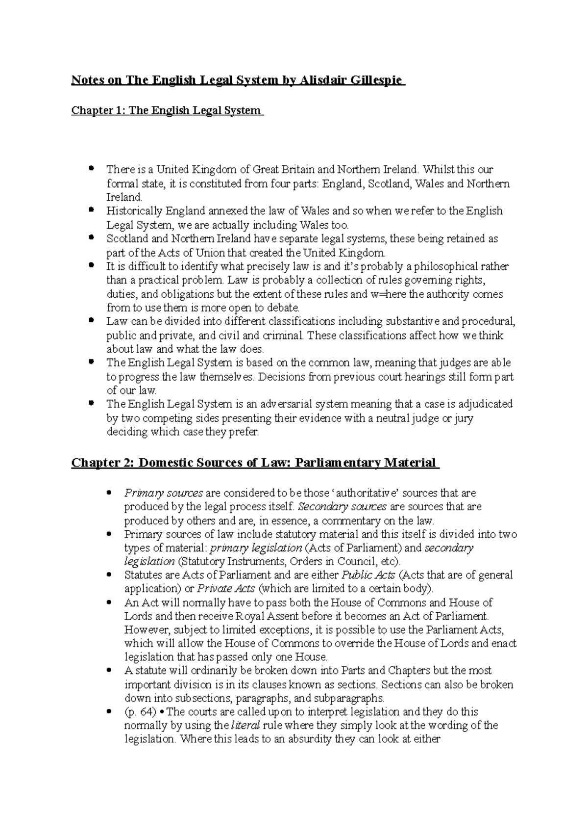 Notes on The English Legal System by Alisdair Gillespie - Whilst this ...
