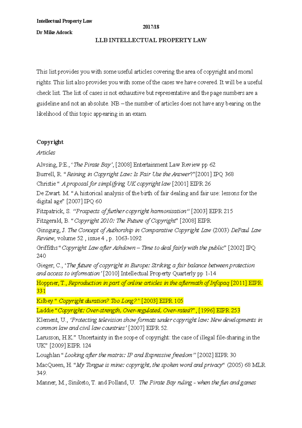 Detailed Copyright Notes, with case law - Intellectual Property Law ...