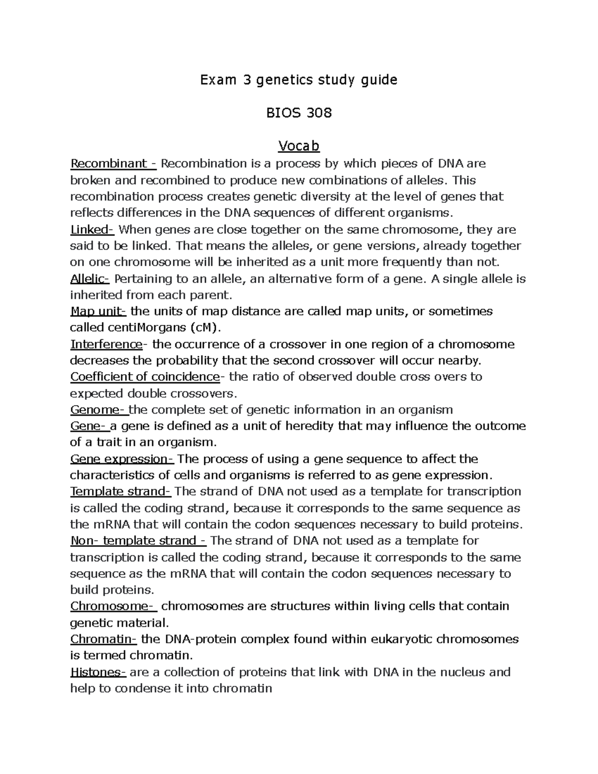 Exam 3 genetics study guide - Exam 3 genetics study guide BIOS 308 ...