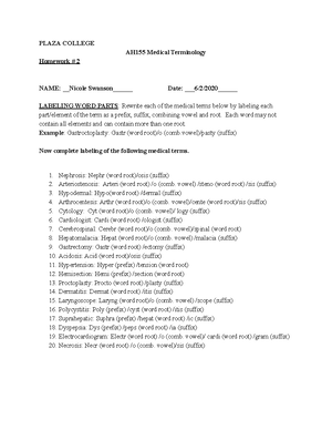 Medical TERM- CASE Study 2 - PLAZA COLLEGE AH155-MEDICAL TERMINOLOGY ...