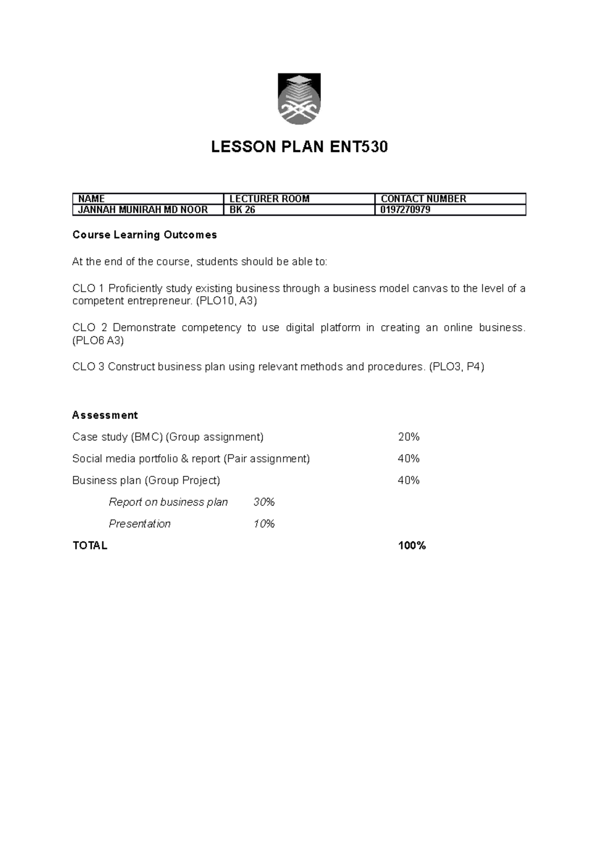 2. Lesson PLAN ENT530 OCT 2021 - LESSON PLAN ENT NAME LECTURER ROOM ...