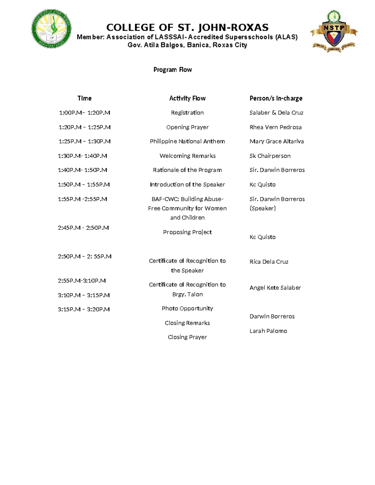 Program-FLOW-NSTP2 - Practical notes - COLLEGE OF ST. JOHN-ROXAS Member ...