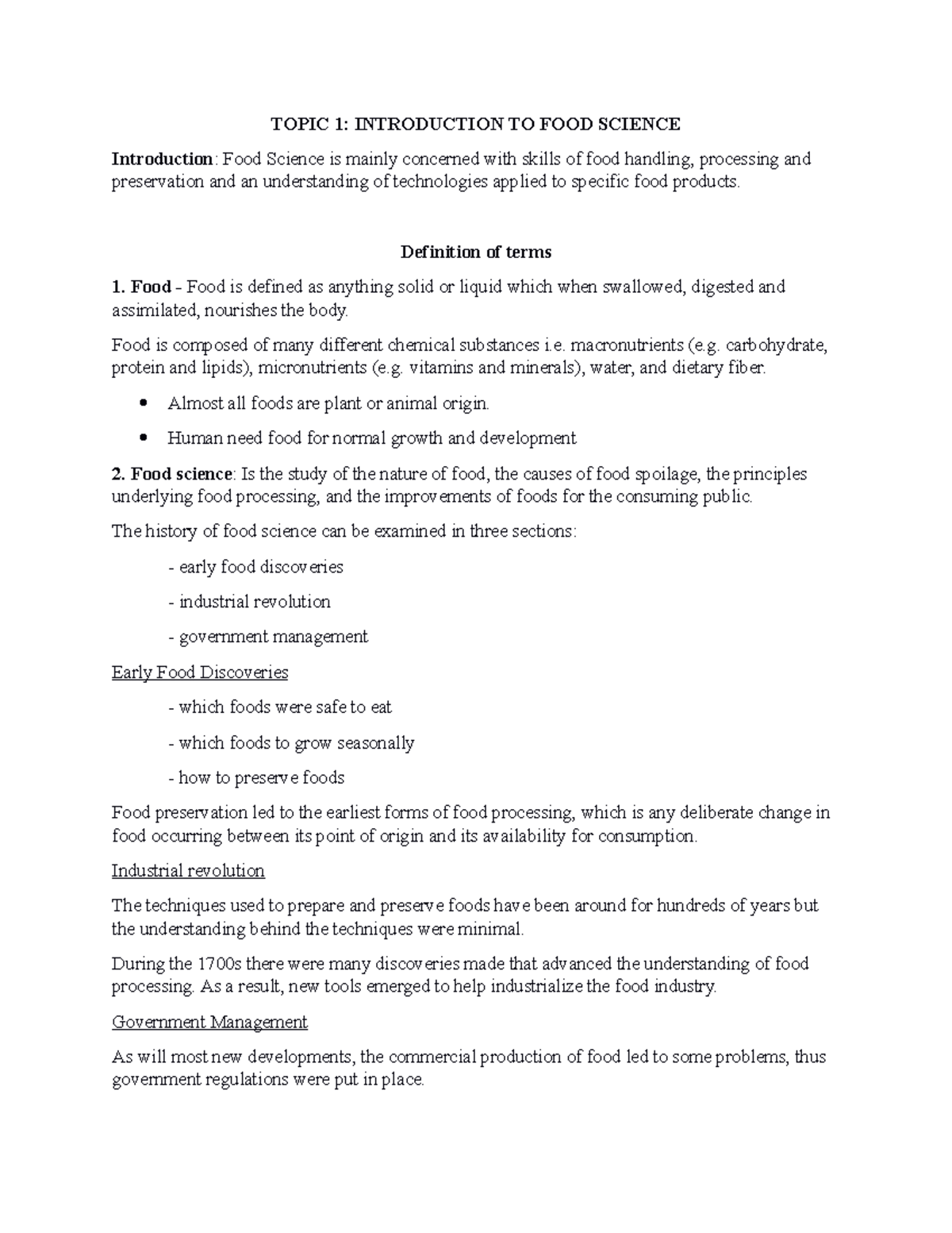 FOOD Science - Topic 1 - TOPIC 1: INTRODUCTION TO FOOD SCIENCE ...