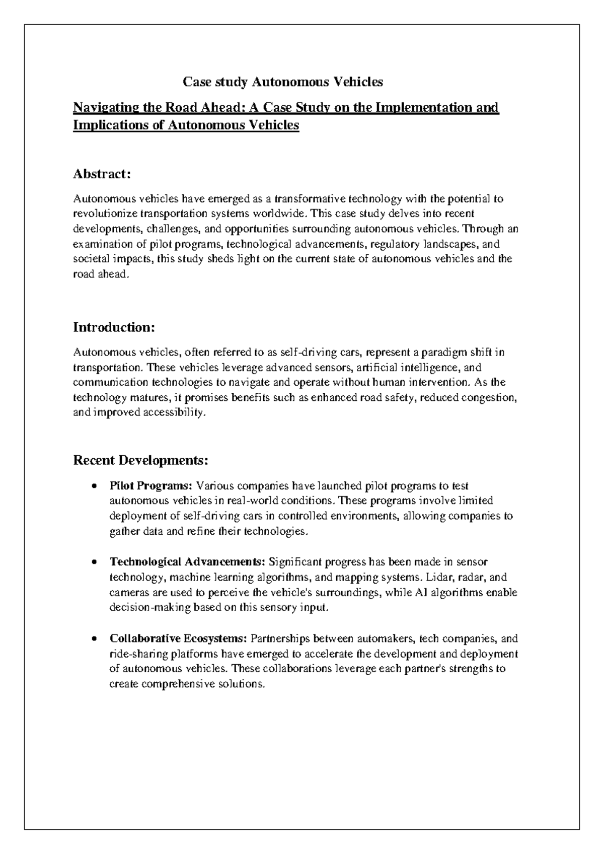 Case study Autonomous Vehicles - Case study Autonomous Vehicles ...