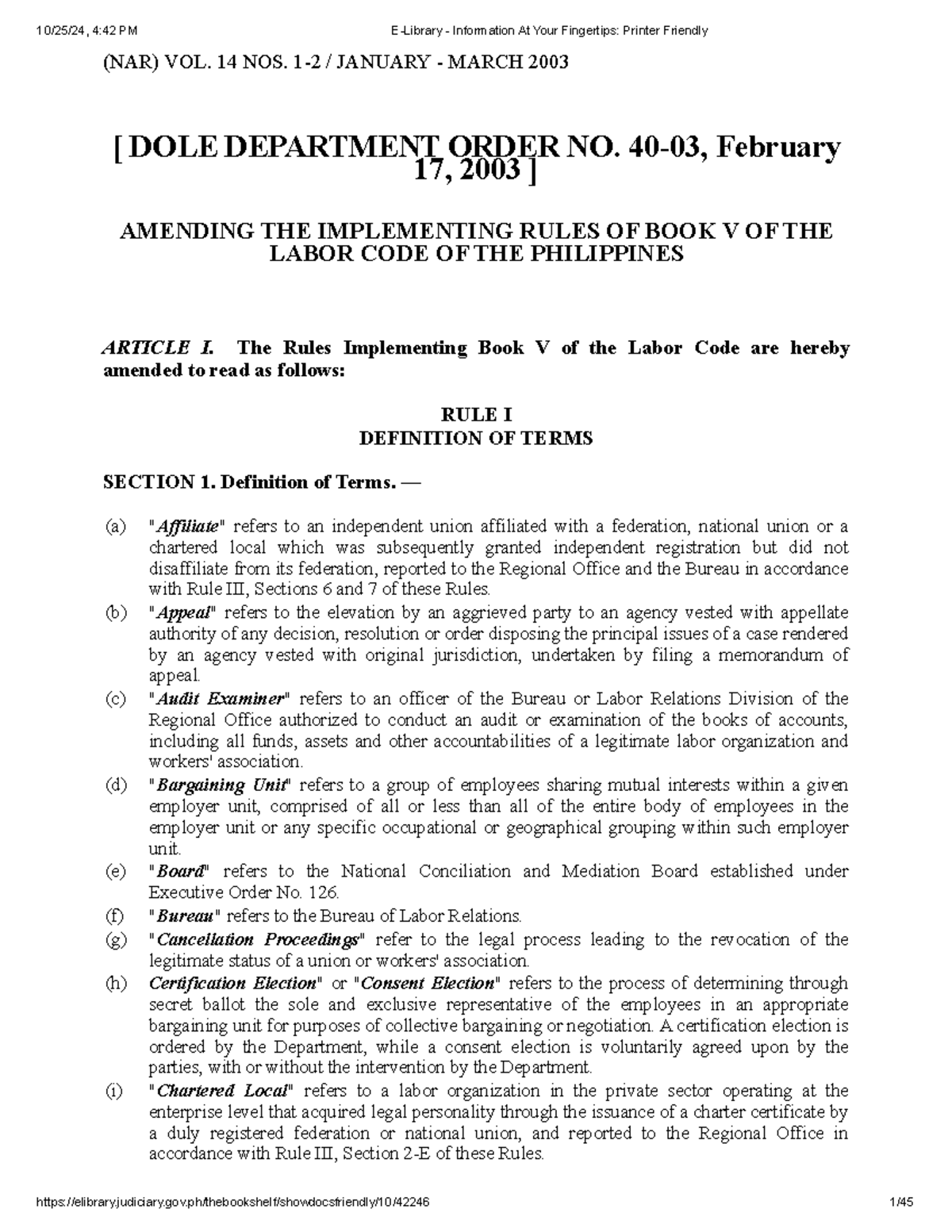 DOLE DEPARTMENT ORDER NO. 40-03 - (NAR) VOL. 14 NOS. 1-2 / JANUARY ...