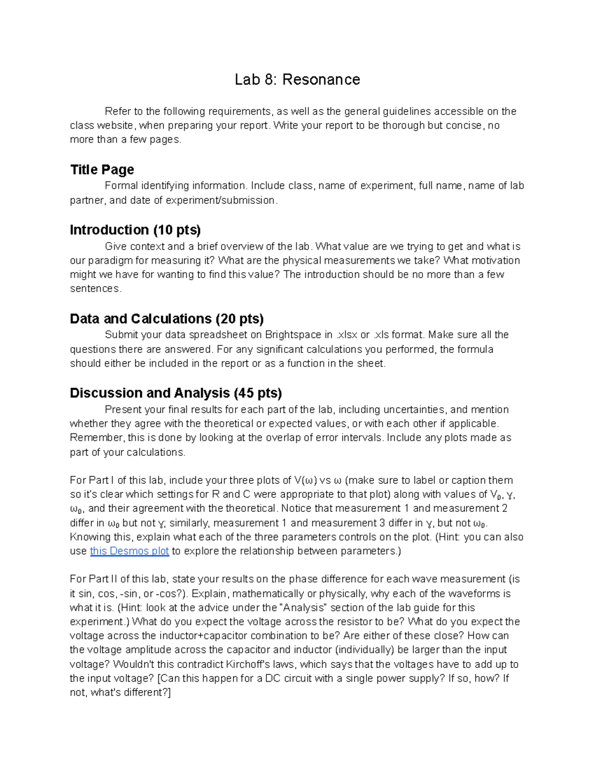 Phy 134 Resonance Lab Report Rubric - Lab 8: Resonance Refer to the following requirements, as ...