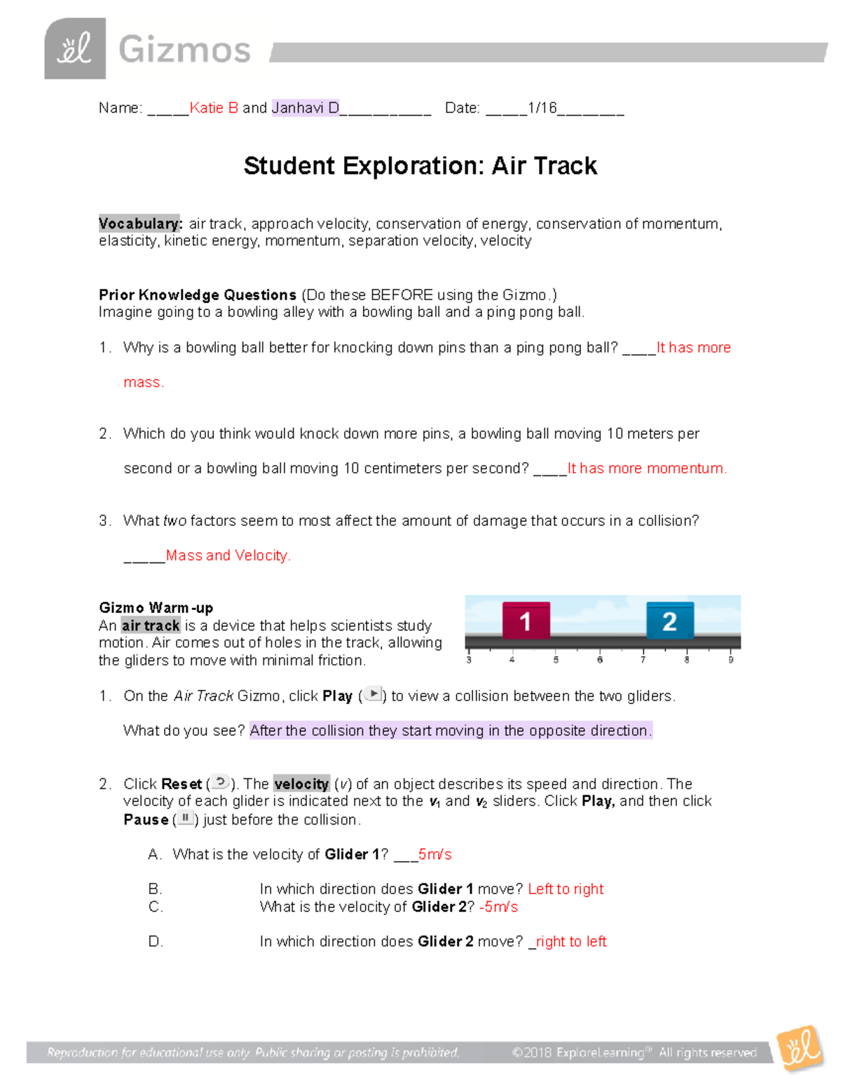 Air track gizmo - Name: Katie B and Janhavi D______ Date: 1/16 ...