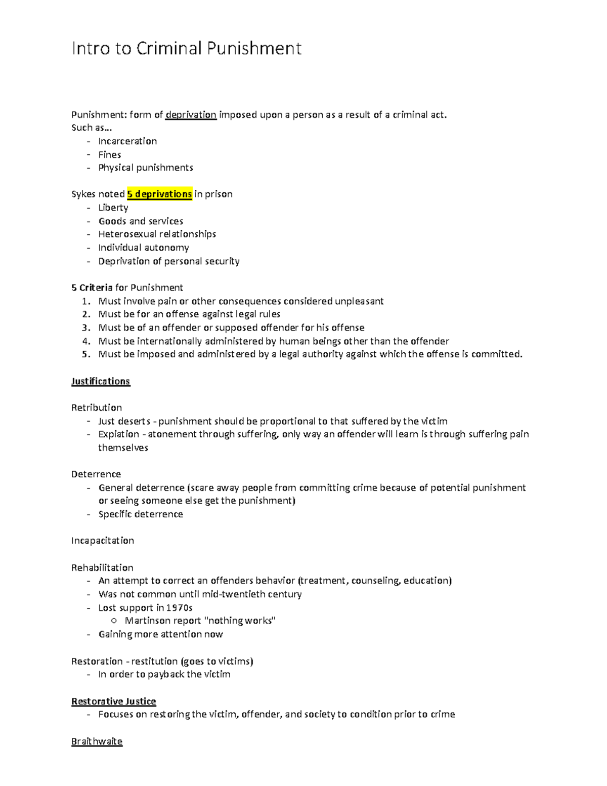 Intro into Capital Punishment - WƵŶŝƐŚŵĞŶƚ͗ ĨŽƌŵ ŽĨ ĚĞƉƌŝǀĂƚŝŽŶ - Studocu