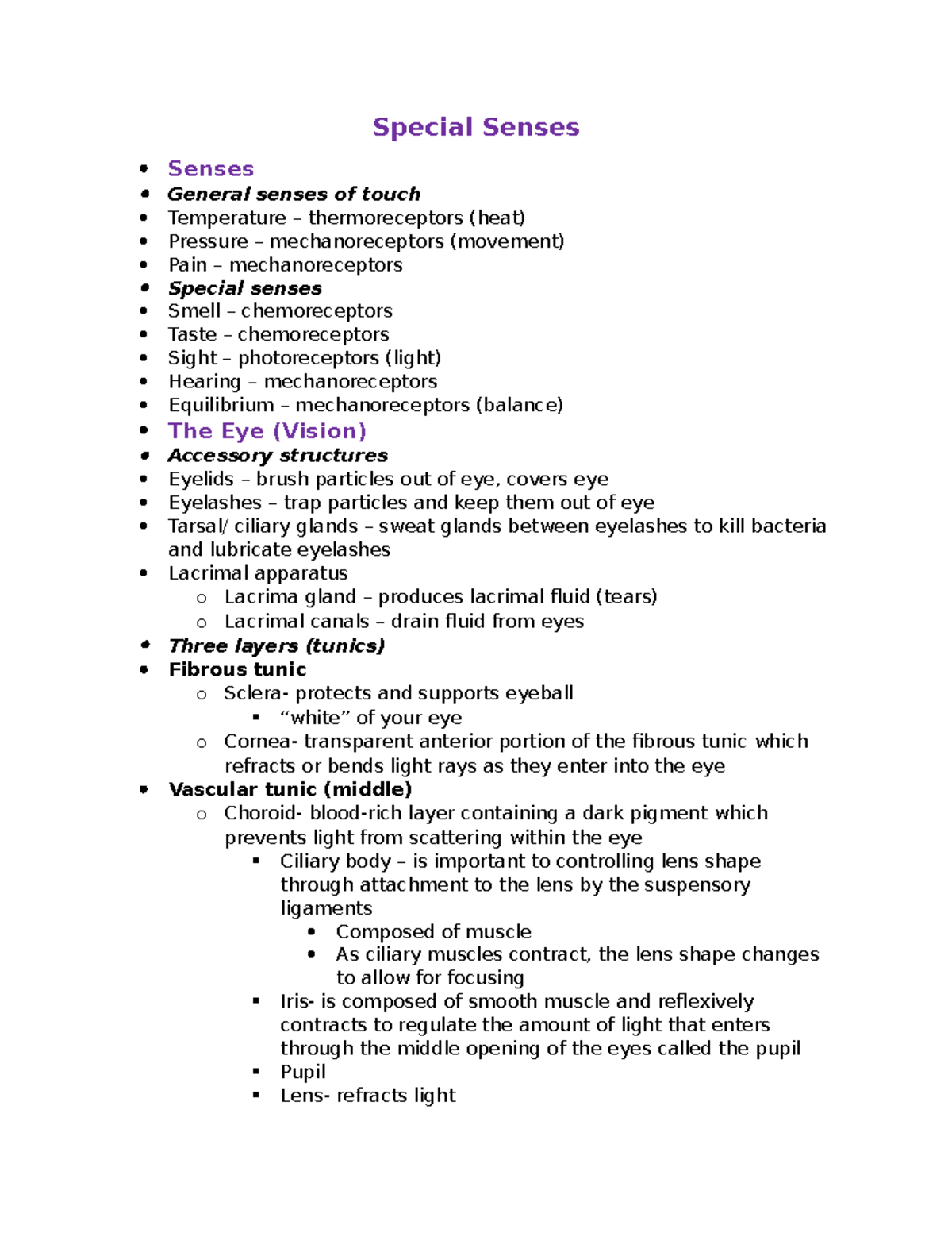 Special Senses Lab 4 Notes - Special Senses Senses General senses of ...