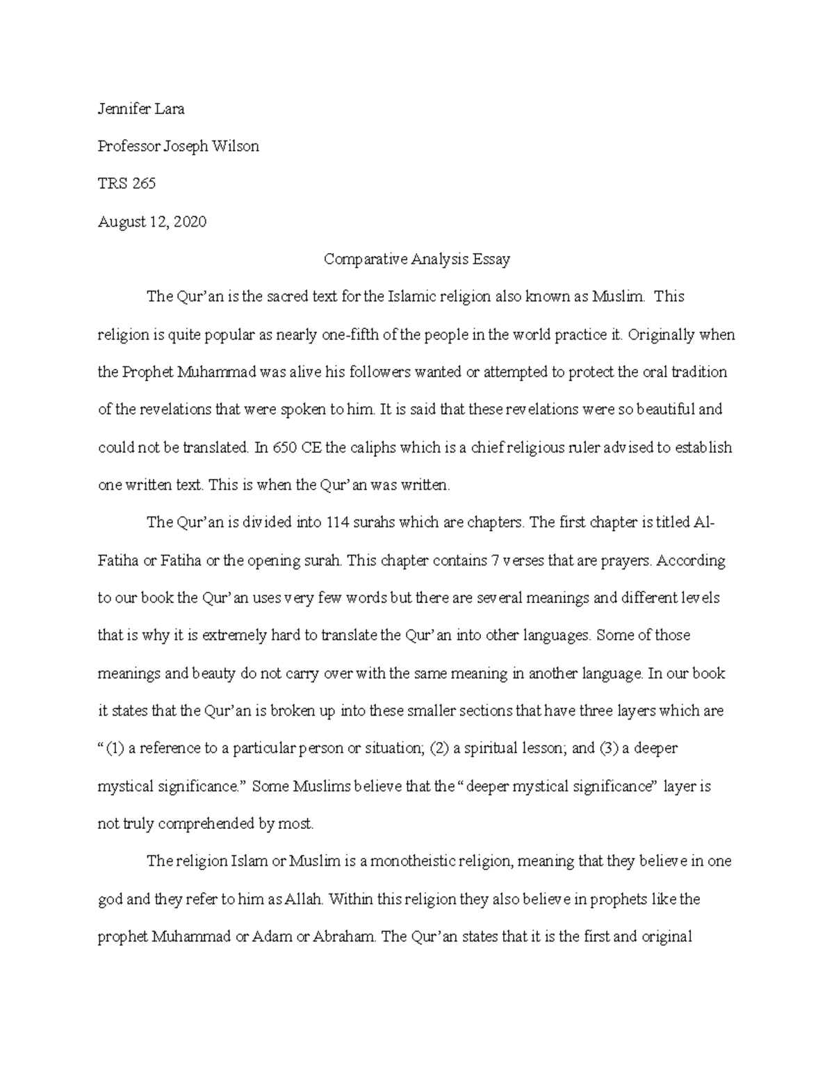 Comparative Analysis Essay - Jennifer Lara Professor Joseph Wilson TRS ...