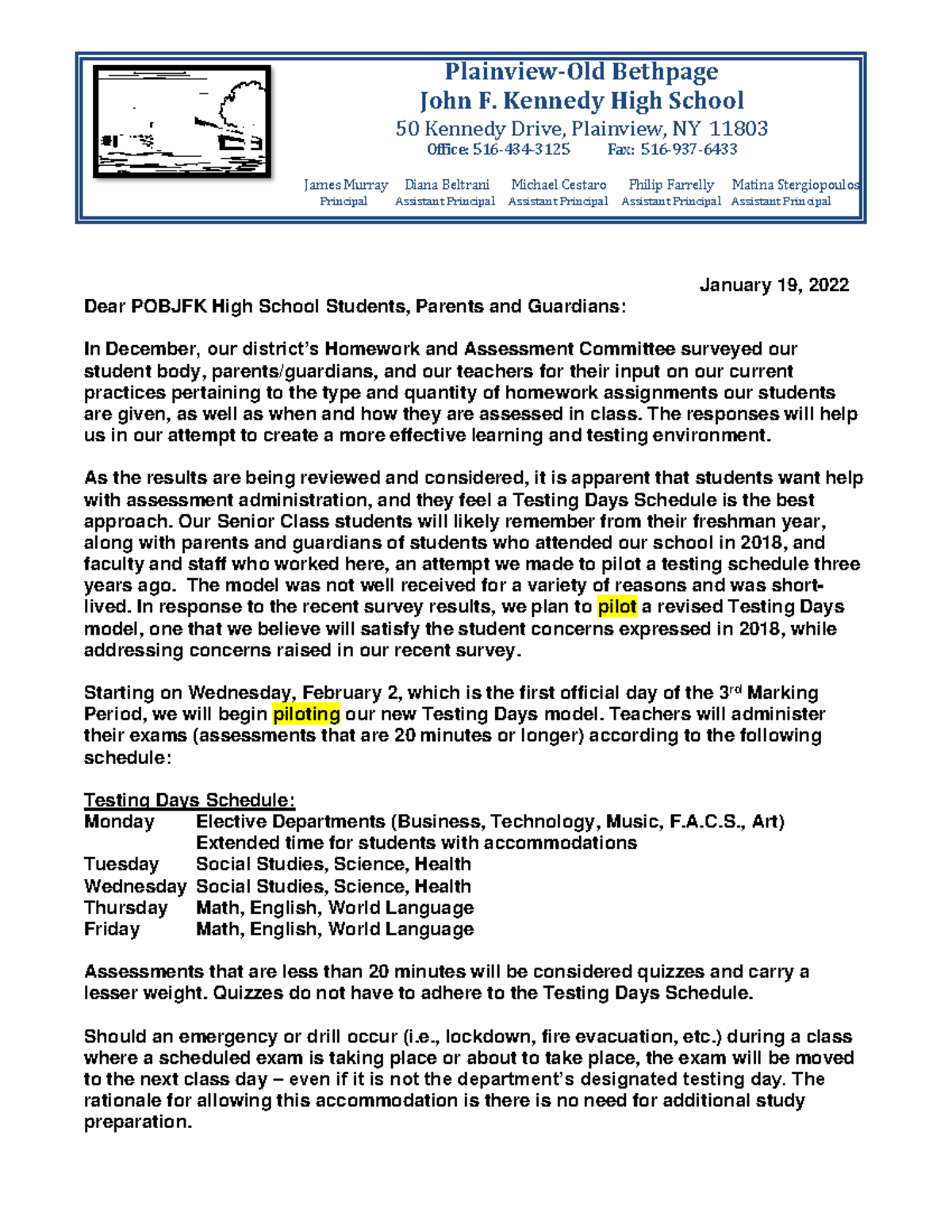 Testing Days Schedule, Letter to Students and Parents, Jan 2022 ...
