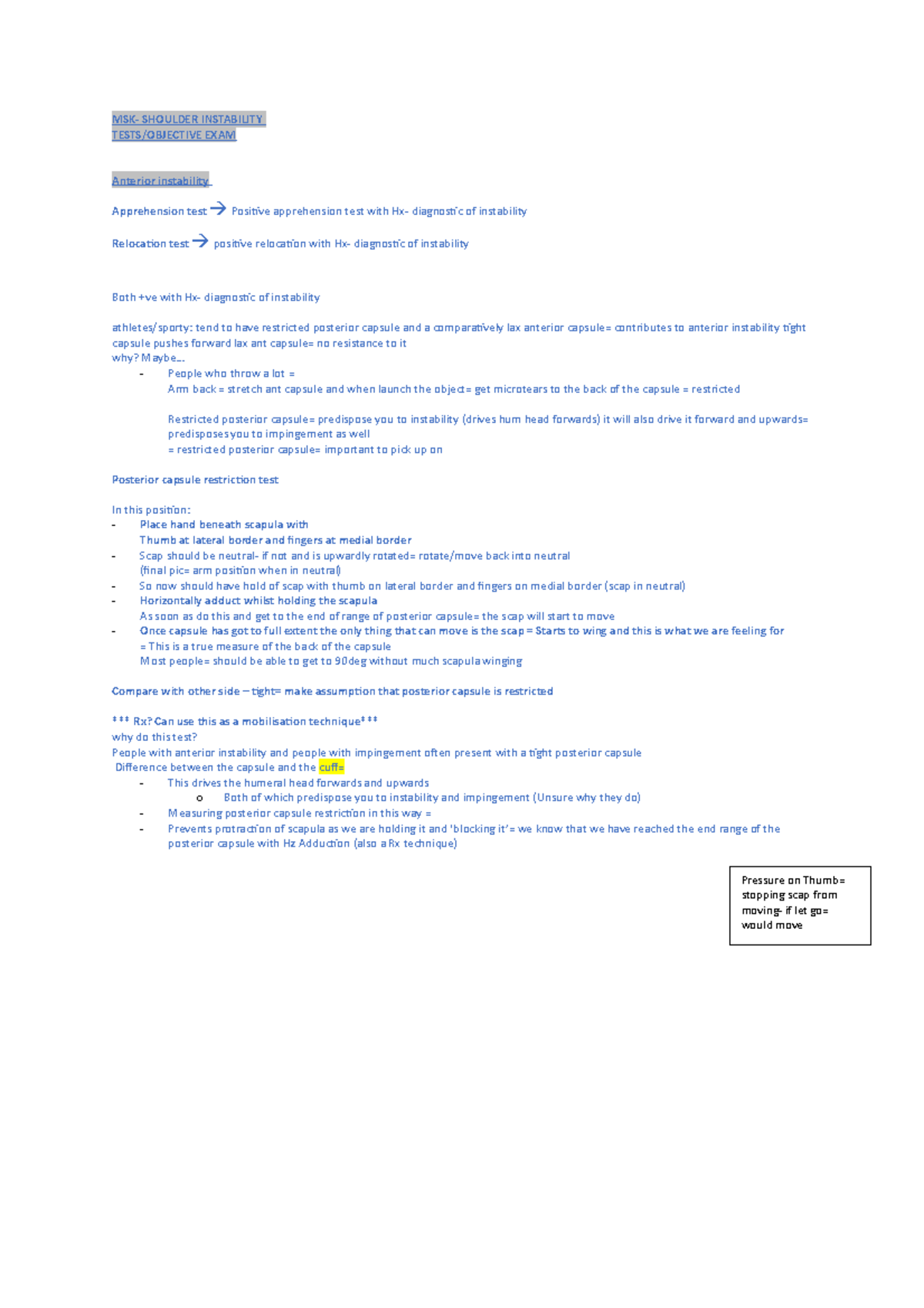 MSK- Shoulder Instability Tests: Objective EXAM - Southampton - Studocu