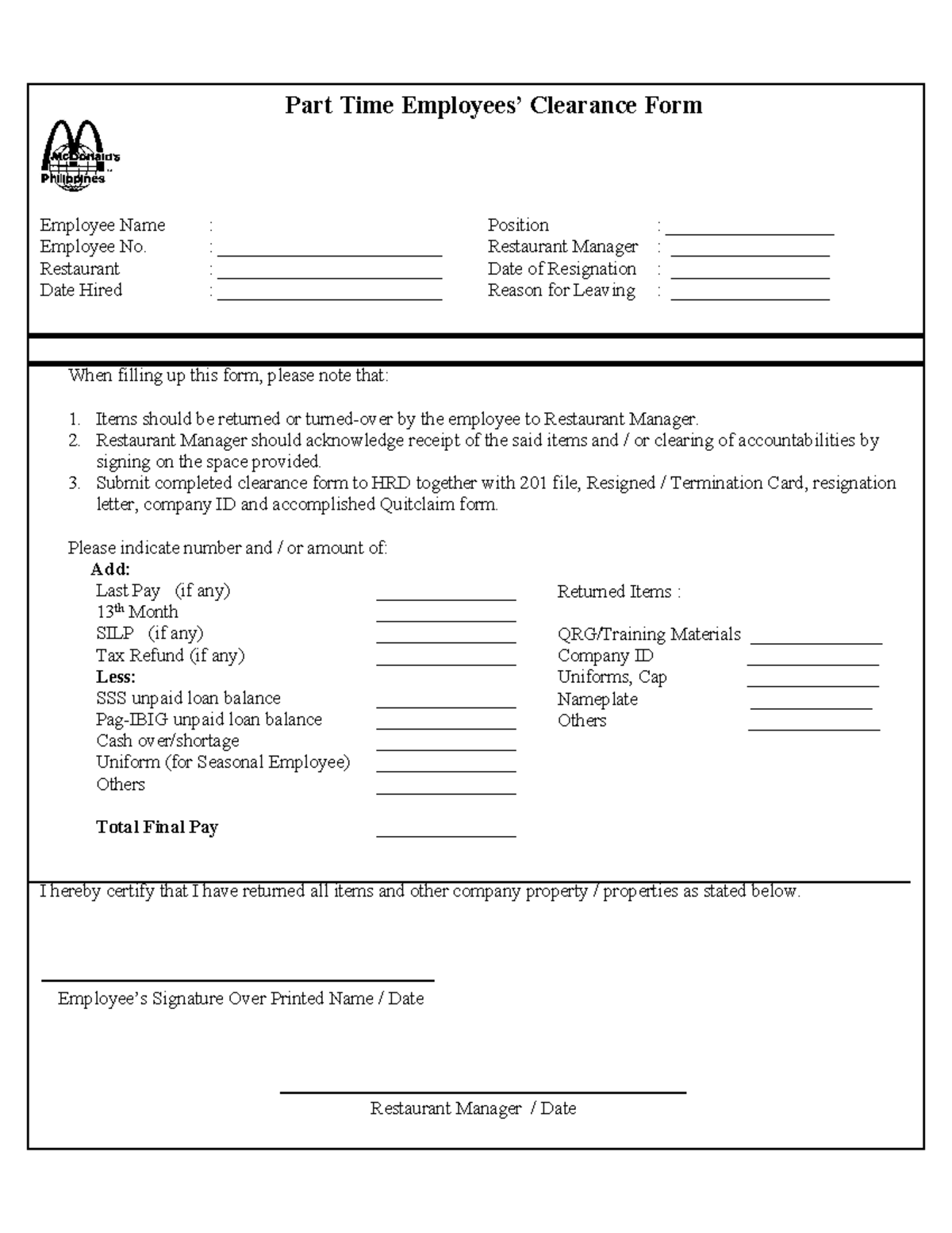 Clearance Form Part Time - Part Time Employees’ Clearance Form Employee ...