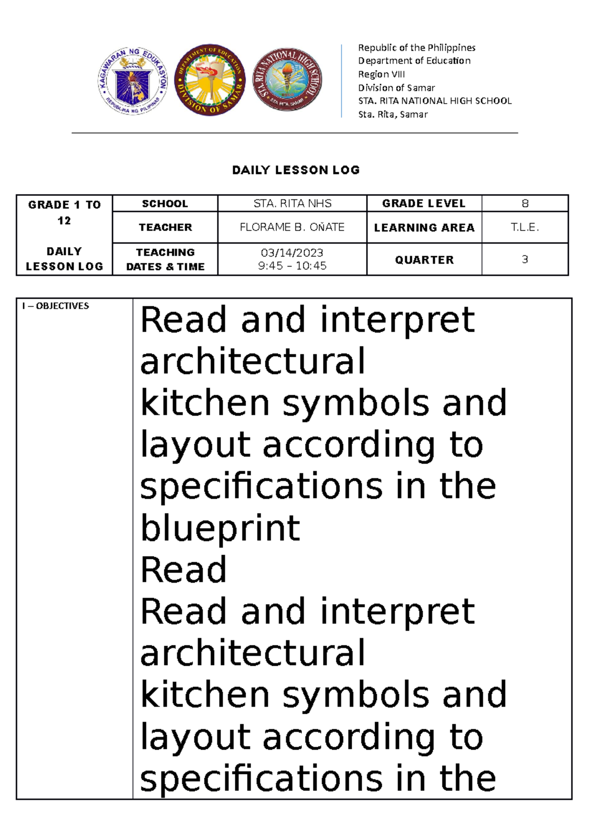 TLE BAP day1 - Daily Lesson Log - Republic of the Philippines ...