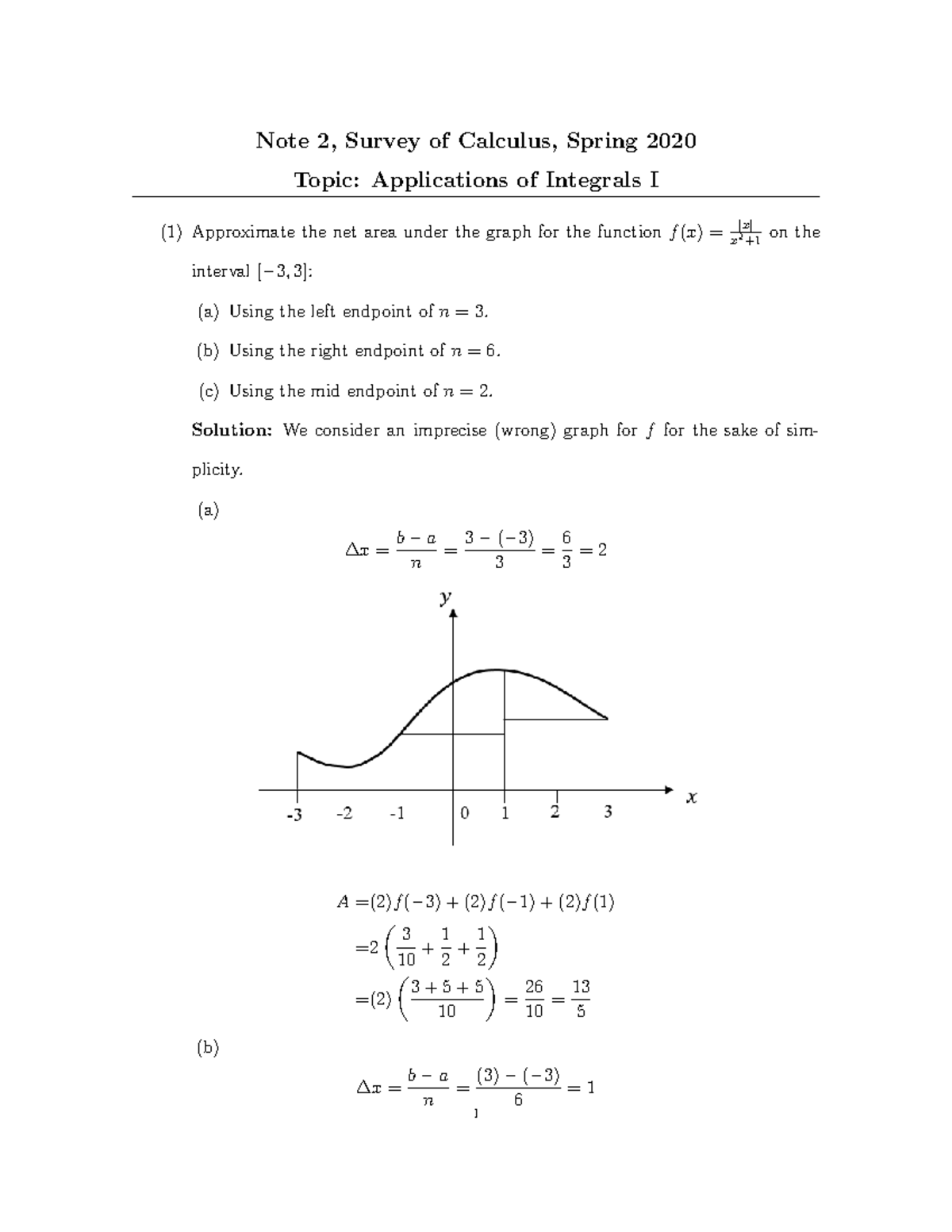 Math1602 - Applications of integrals, first encounter - Note 2, Survey ...