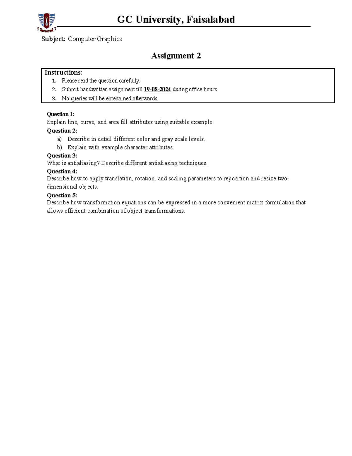 Assignment 2 - GC University, Faisalabad Subject: Computer Graphics Assignment 2 Instructions: 1 ...