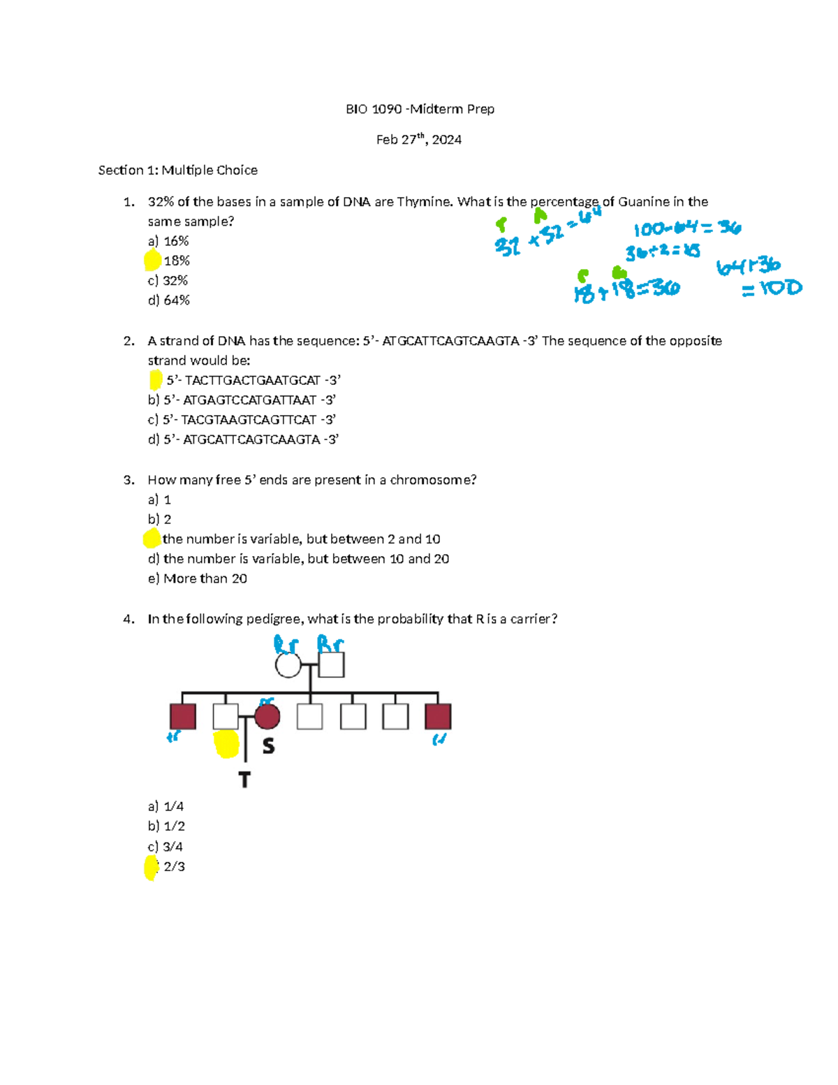 BIO 1090 MOCK Midterm - BIO 1090 -Midterm Prep Feb 27th, 2024 Section 1 ...