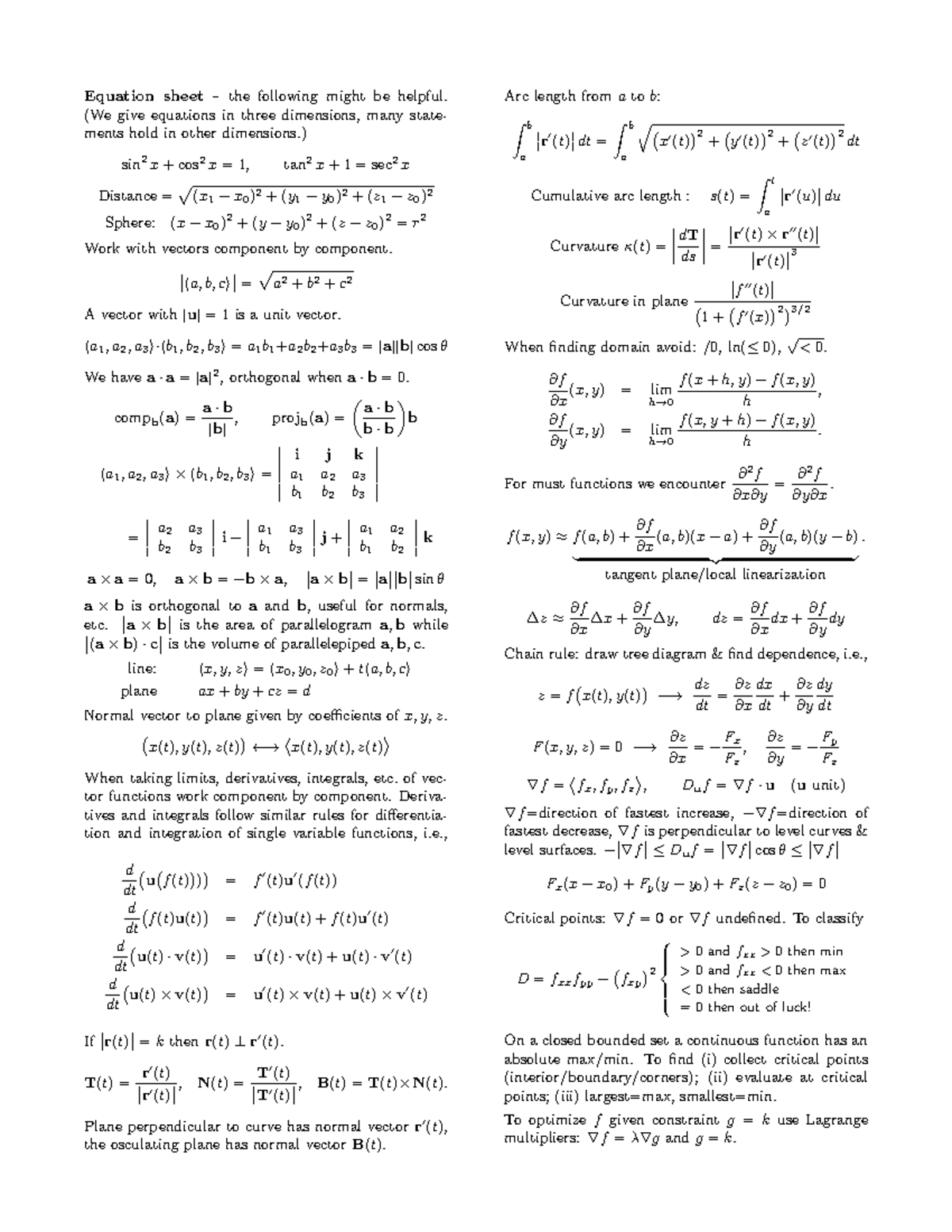 Equation Sheet - (We give equations in three dimensions, many state ...