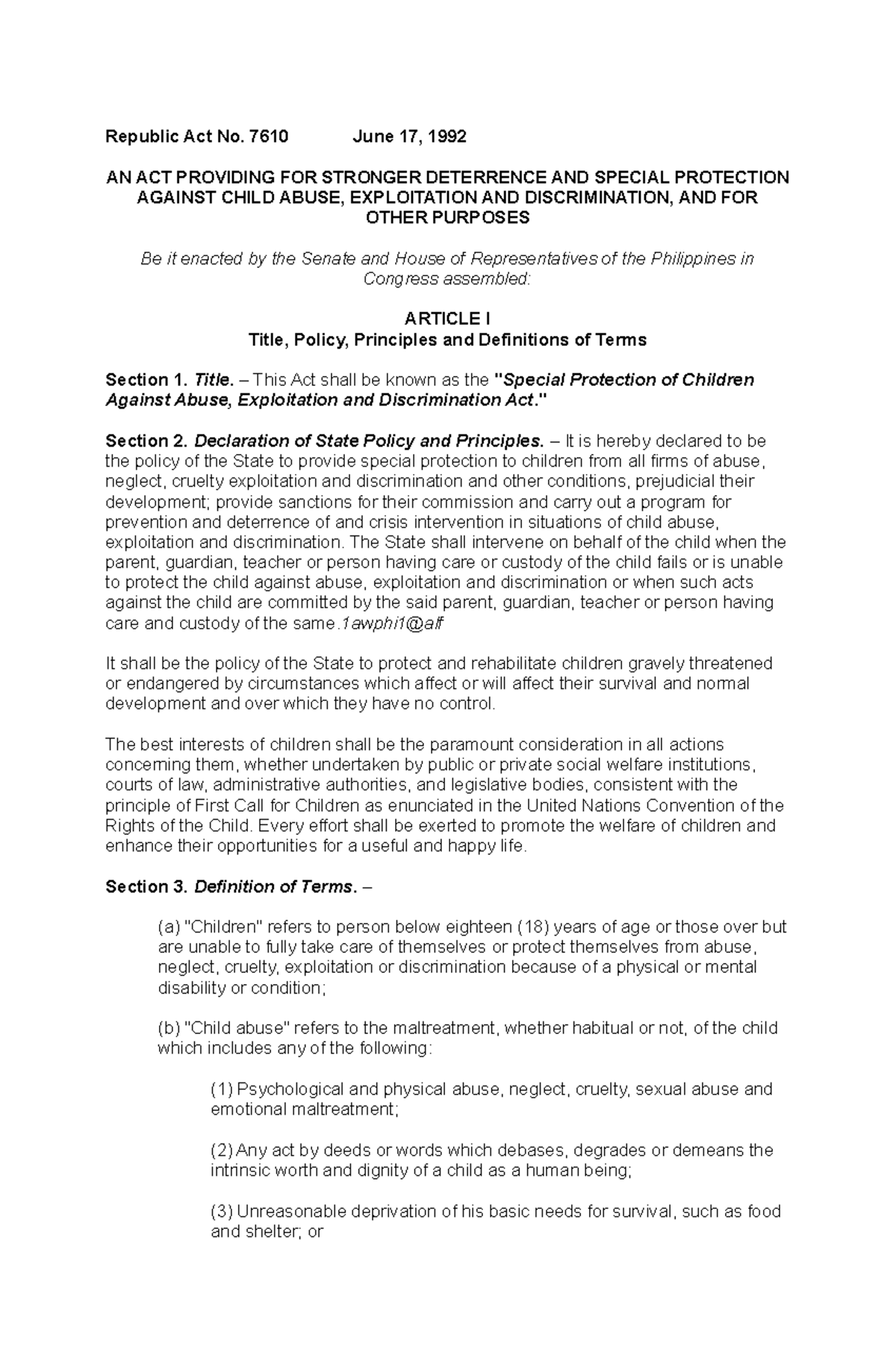 RA 7610 - notes on evidence - Republic Act No. 7610 June 17, 1992 AN ...