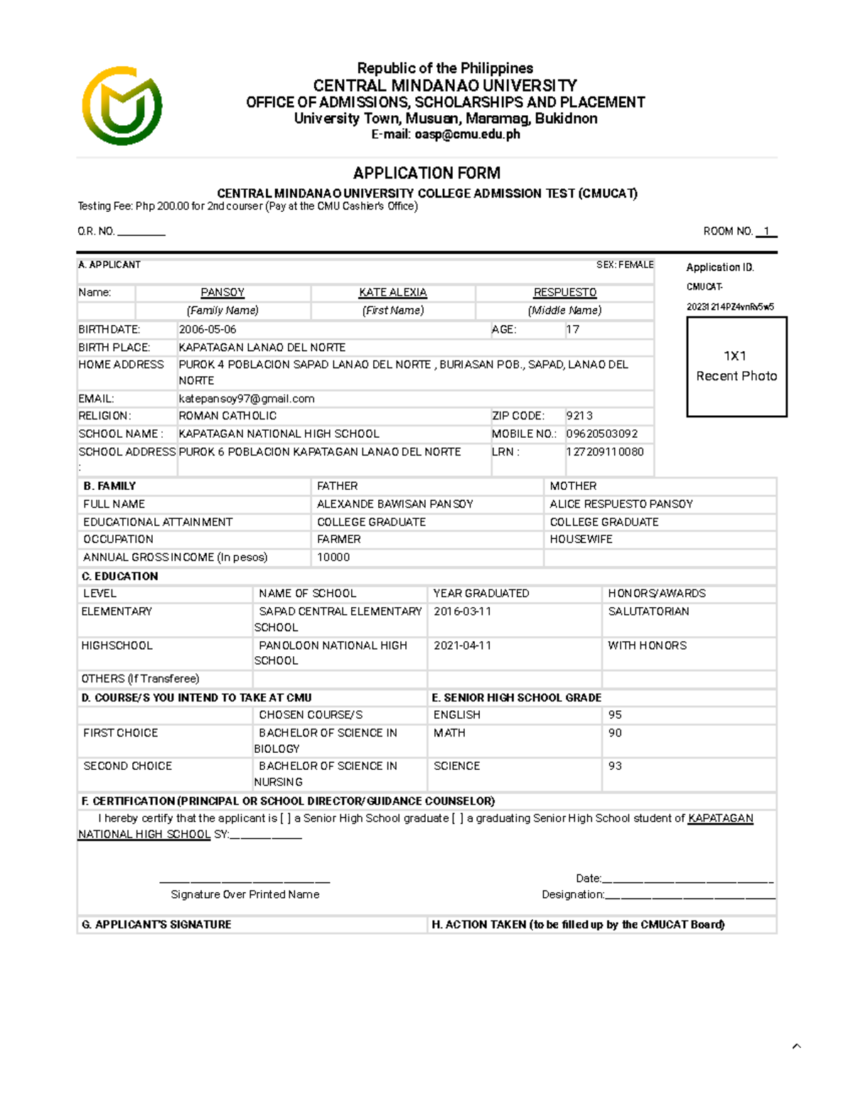 Bowser Document - Oaajaianaianaiaj - APPLICATION FORM CENTRAL MINDANAO ...