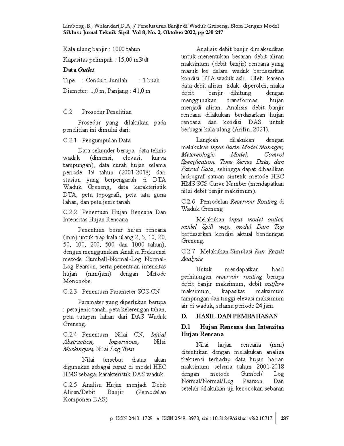 Penelusuran Banjir di Waduk Greneng, Blora Dengan Model HEC-HMS-8 - Limbong, B., Wulandari,D,A ...