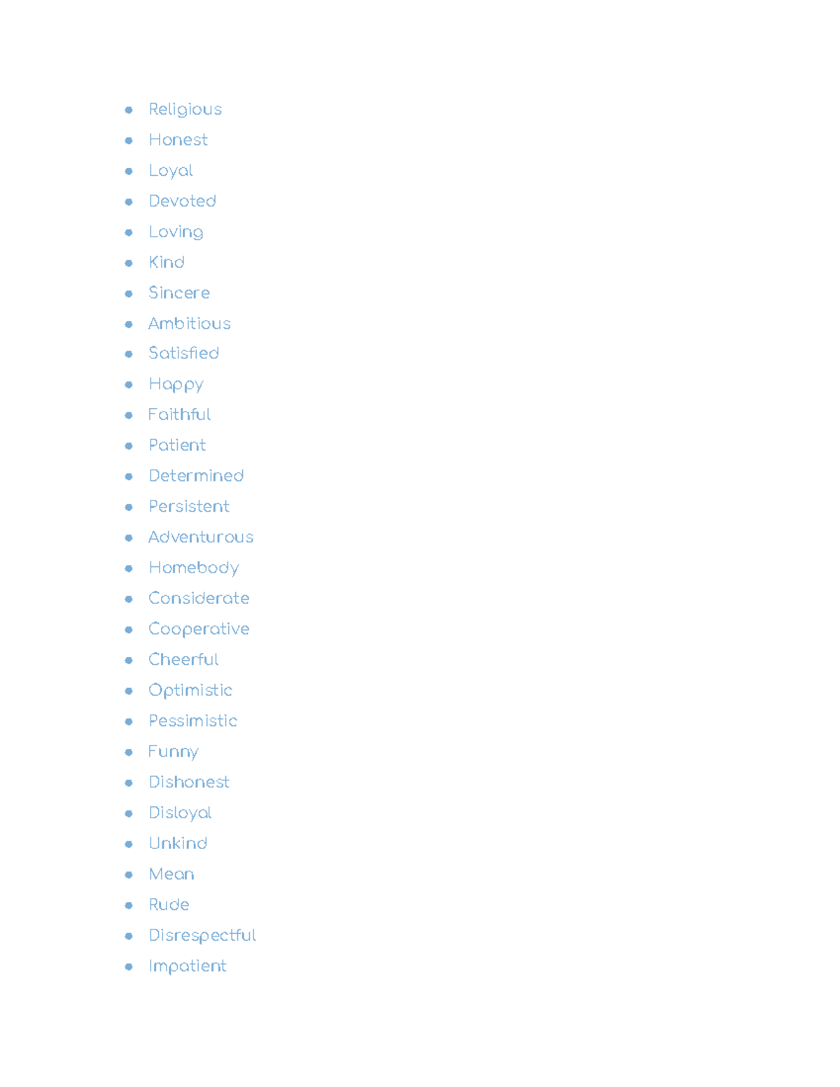 Character Traits - Rasgos de personajes - Religious Honest Loyal ...