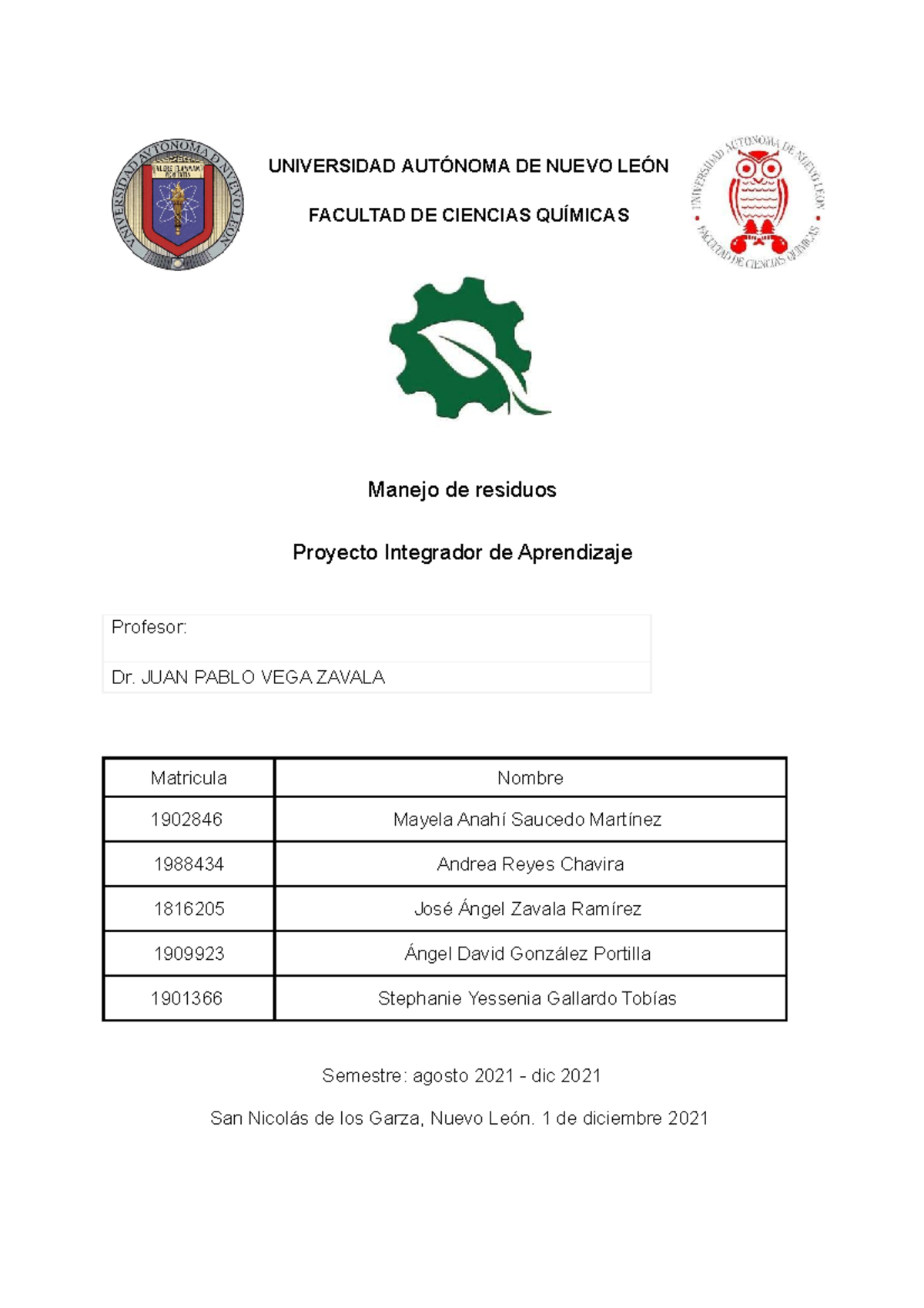 Proyecto Integrador De Aprendizaje Manejo De Residuos Universidad