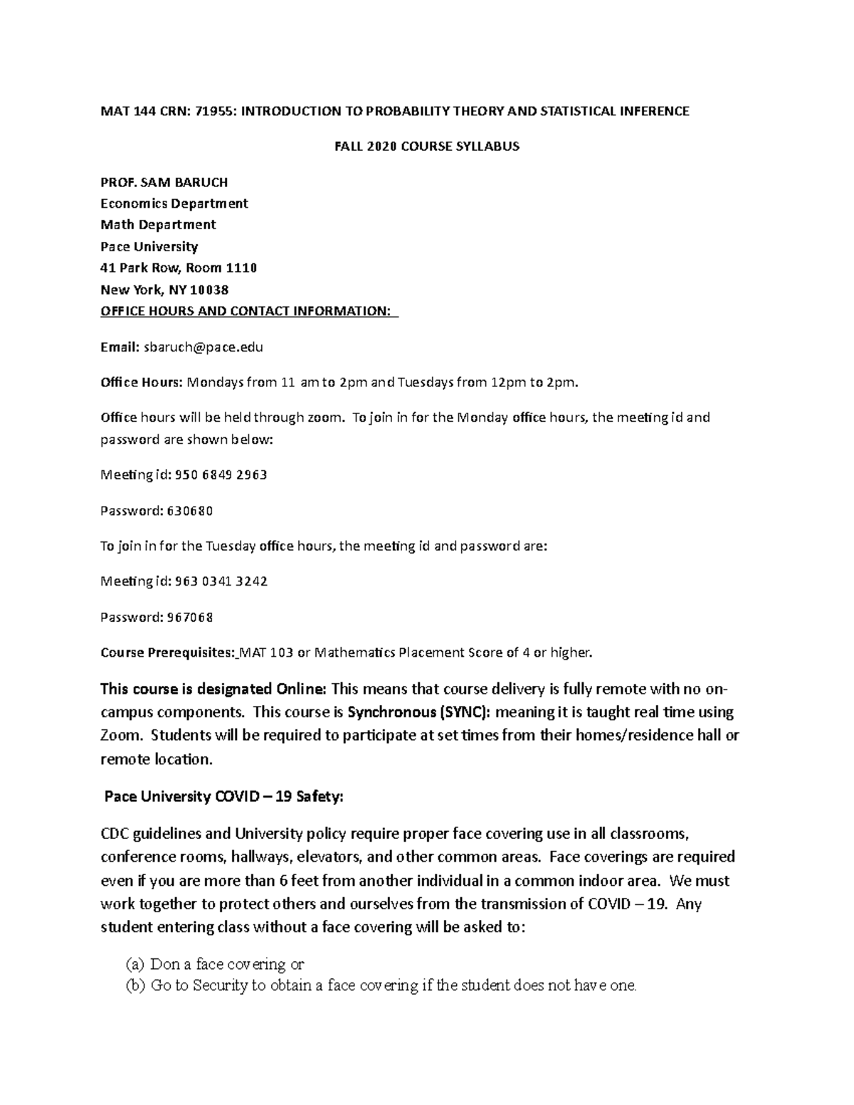 Mat 144 syllabus fall 2020 - MAT 144 CRN: 71955: INTRODUCTION TO ...