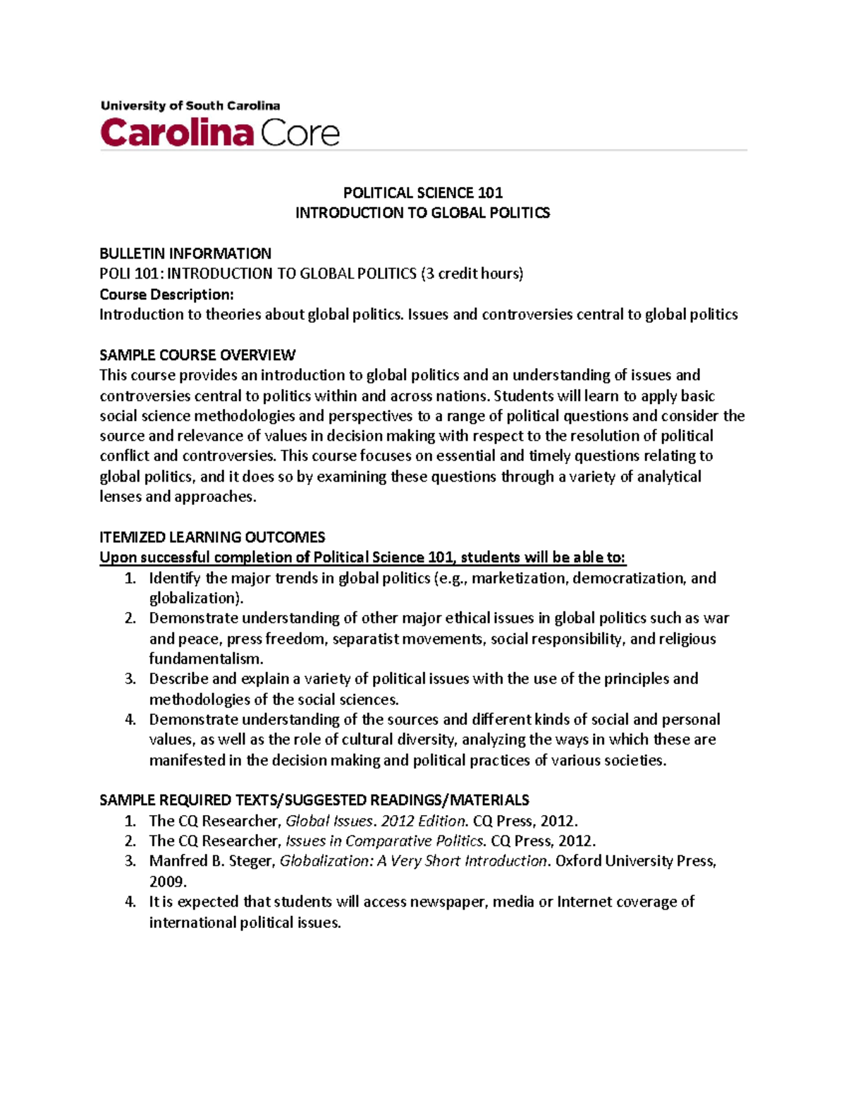 Poli101 - Outline - POLITICAL SCIENCE 101 INTRODUCTION TO GLOBAL ...