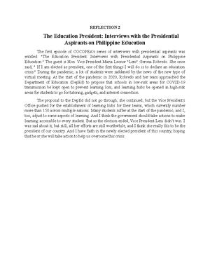 Reflection 1 Philippine under Martial Law - REFLECTION 1 “Philippine ...