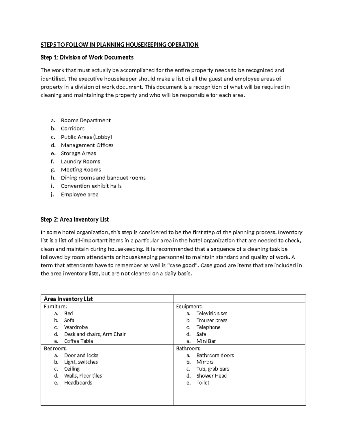 Steps TO Follow IN Planning Housekeeping Operation - STEPS TO FOLLOW IN ...