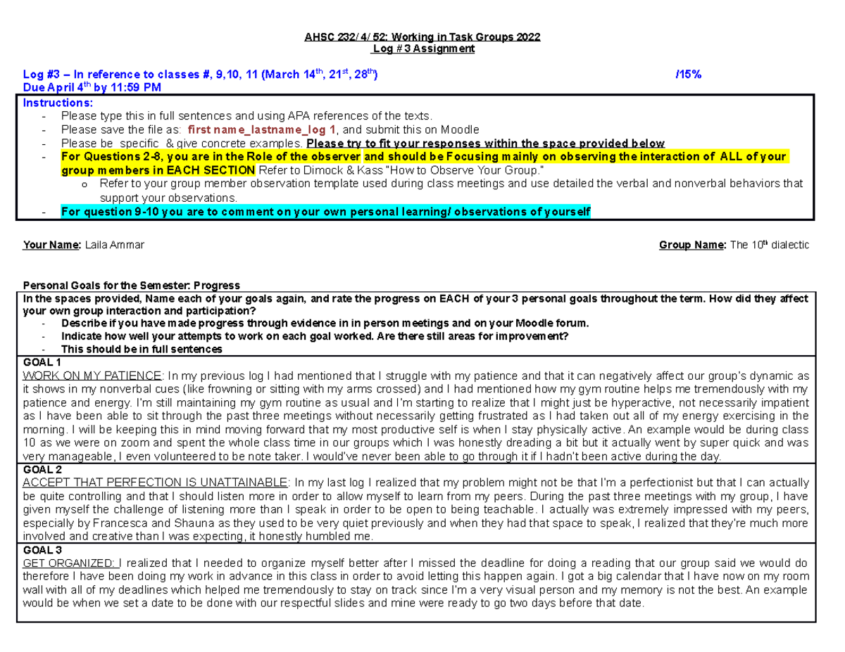 Log 3 group work - AHSC 232/ 4/ 52: Working in Task Groups 2022 Log # 3 ...