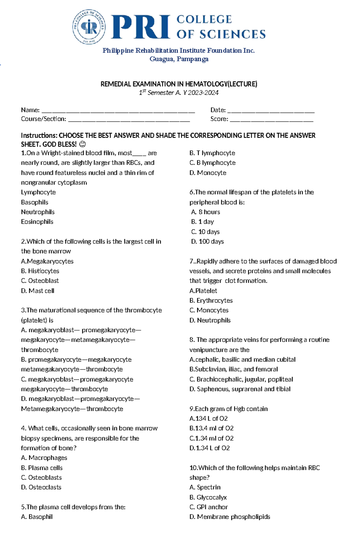 Remedial-EXAM-HEMA - Philippine Rehabilitation Institute Foundation Inc ...
